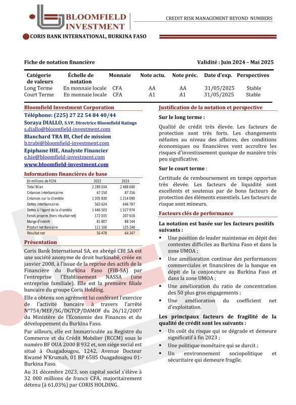 Notation financière: Coris bank au vert avec la note AA de Bloomfield ...